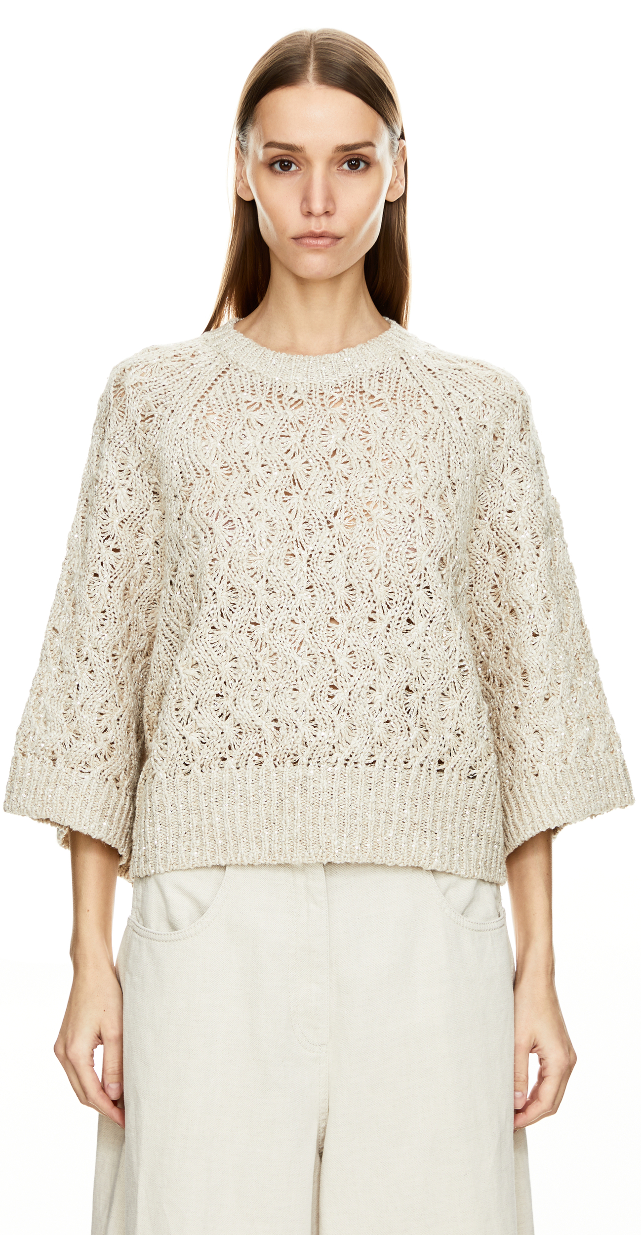 Brunello Cucinelli Wide jumper with lace pattern and sequins Beige on ...